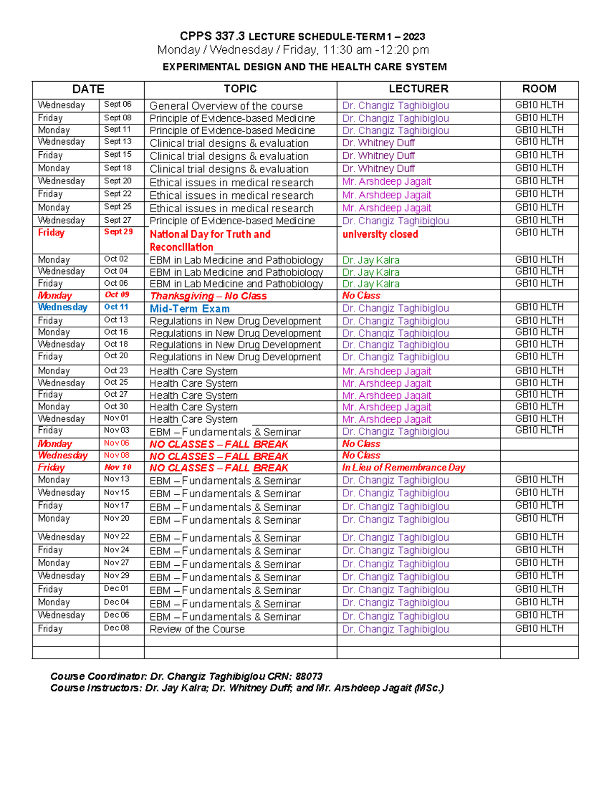 CPPS 337 Schedule 2023 - CPPS 337 LECTURE SCHEDULE-TERM 1 – 2023 Monday / Wednesday / Friday, 11 ...