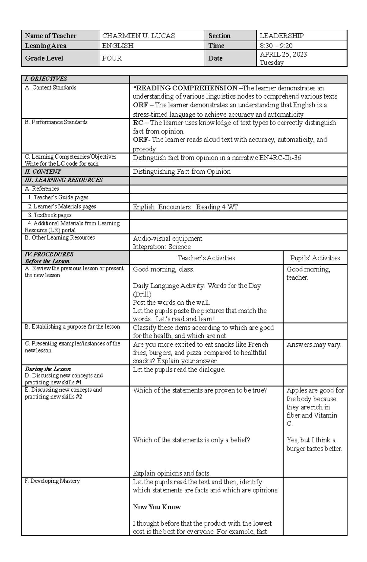 COT DLP English 2 BY Teacher Jelyn M. Habana - Name of Teacher CHARMIEN ...