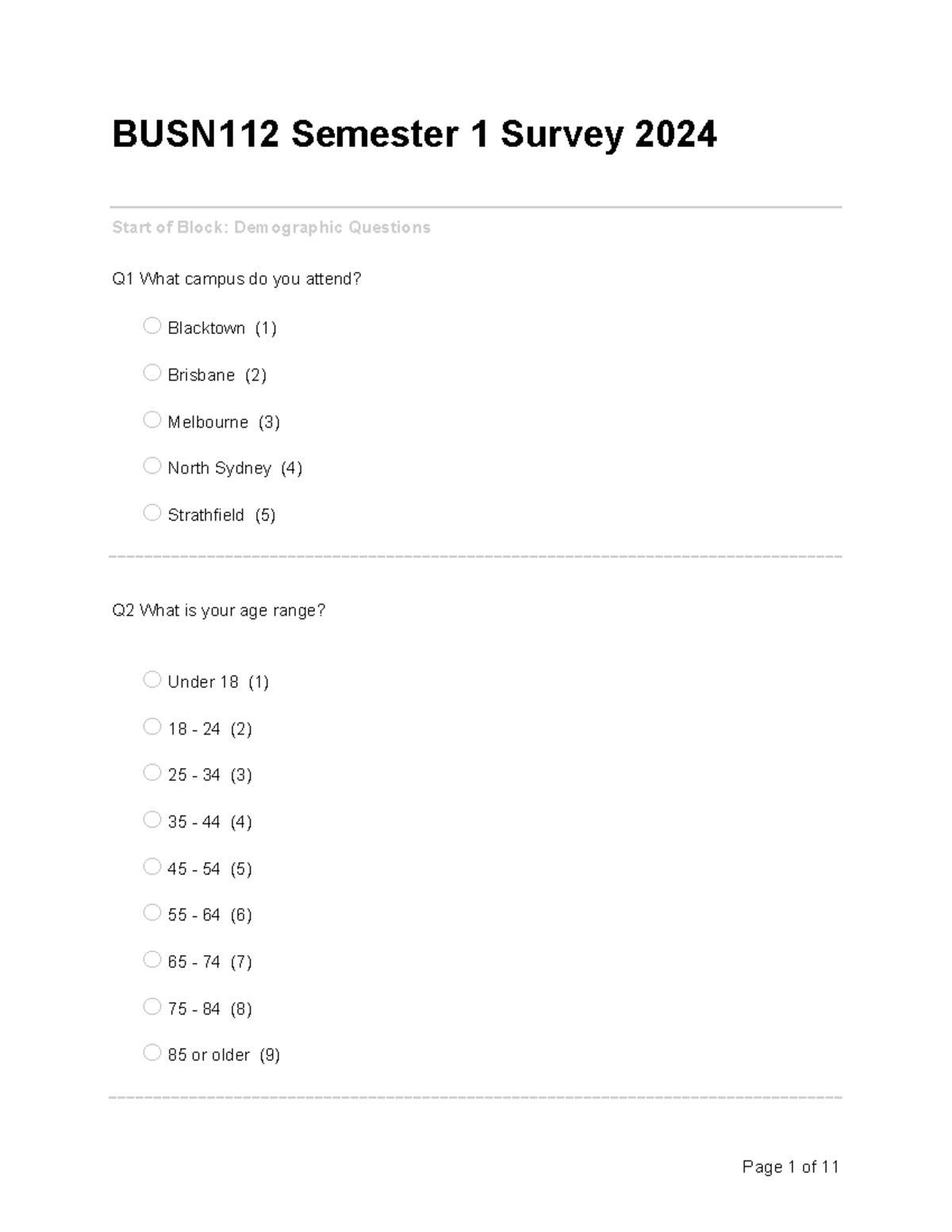 BUSN112 Survey Code Book for Assessment - BUSN112 Semester 1 Survey ...