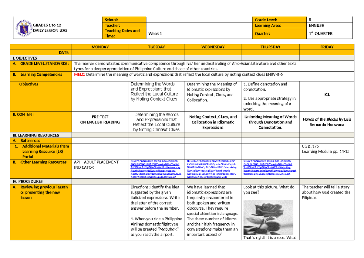 English 8 Q1 W1 Determine the meaning of words and expressions that ...