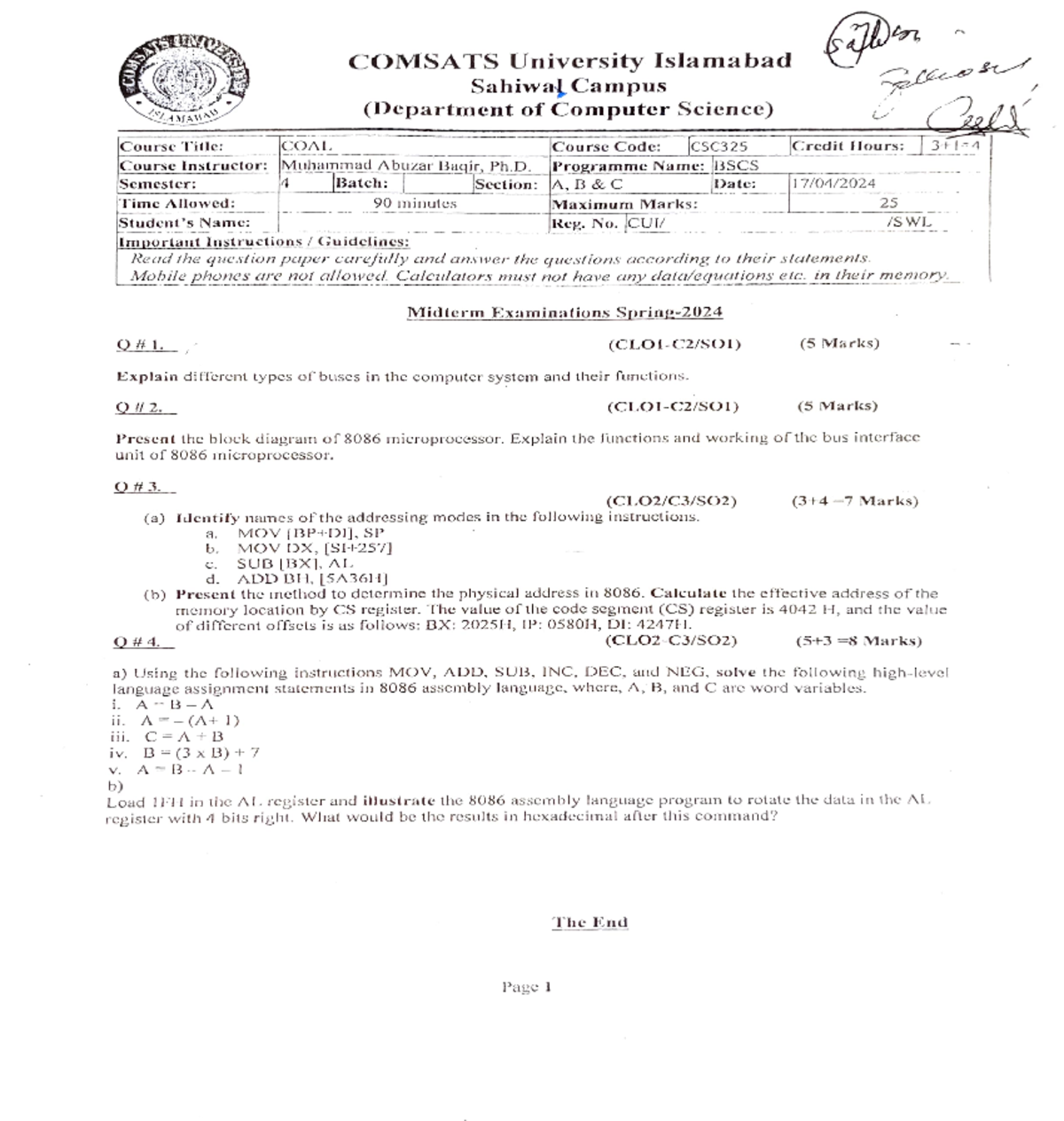 Dr. Abuzar Baqir (COAL Mid Paper SP24) - Computer Organization & Assembly Language - COAL - Studocu