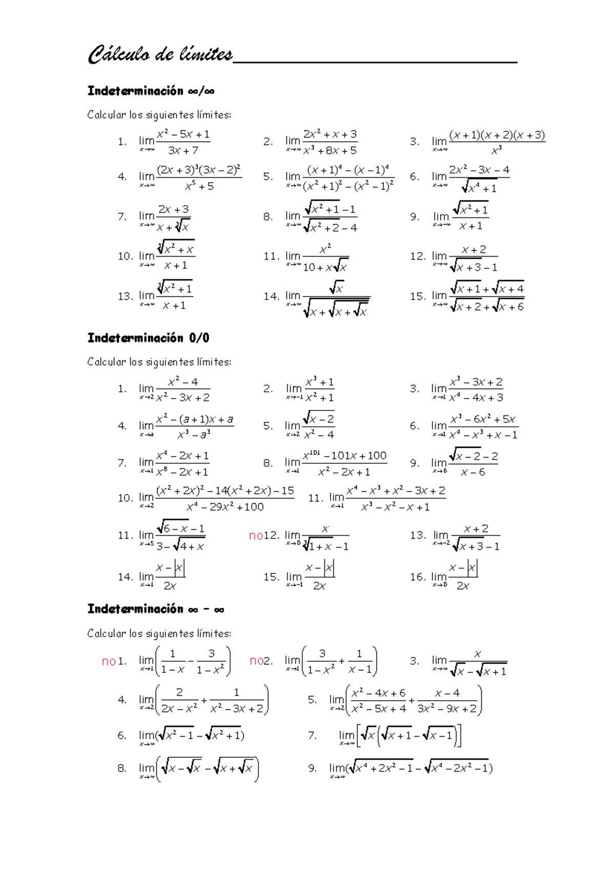 Ficha Límites - Cálculo de límites ...