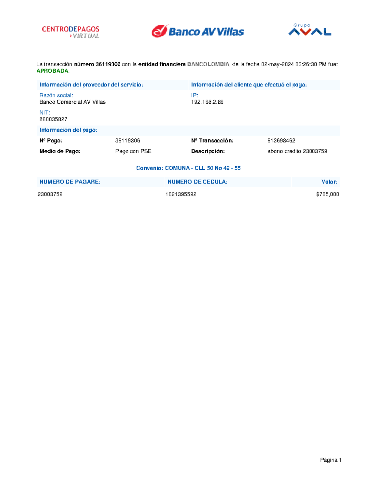 Reporte - ADSADA - La transacción número 36119306 con la entidad ...