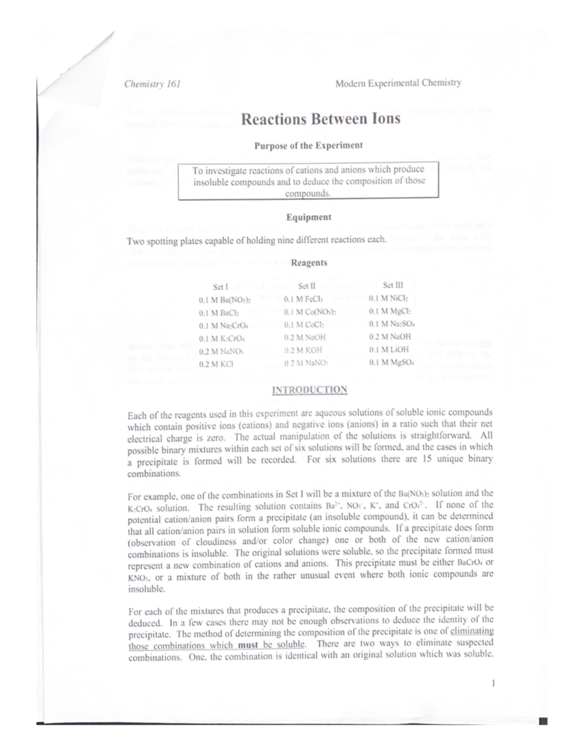 Chem 161-Reactions Between Ions - CHEM 161 - Studocu