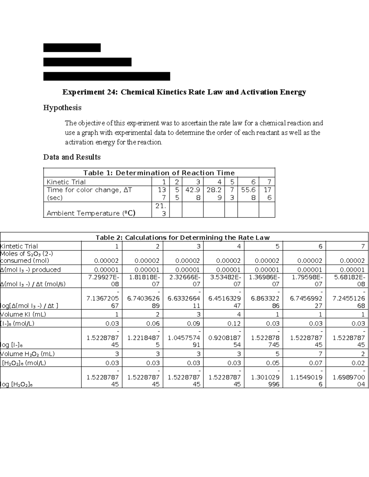 Chemical Kinetics Rate Law Lab - Data and Results Table 1 ...