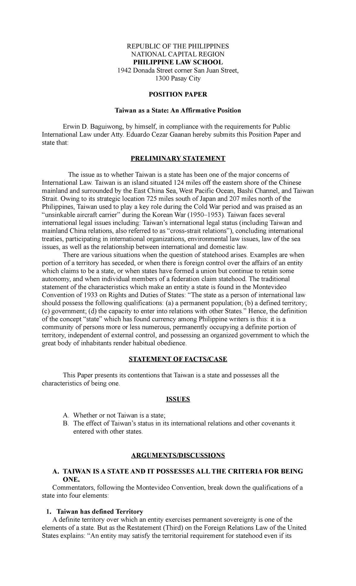 Position Paper PIL 1 - Yeah - REPUBLIC OF THE PHILIPPINES NATIONAL ...