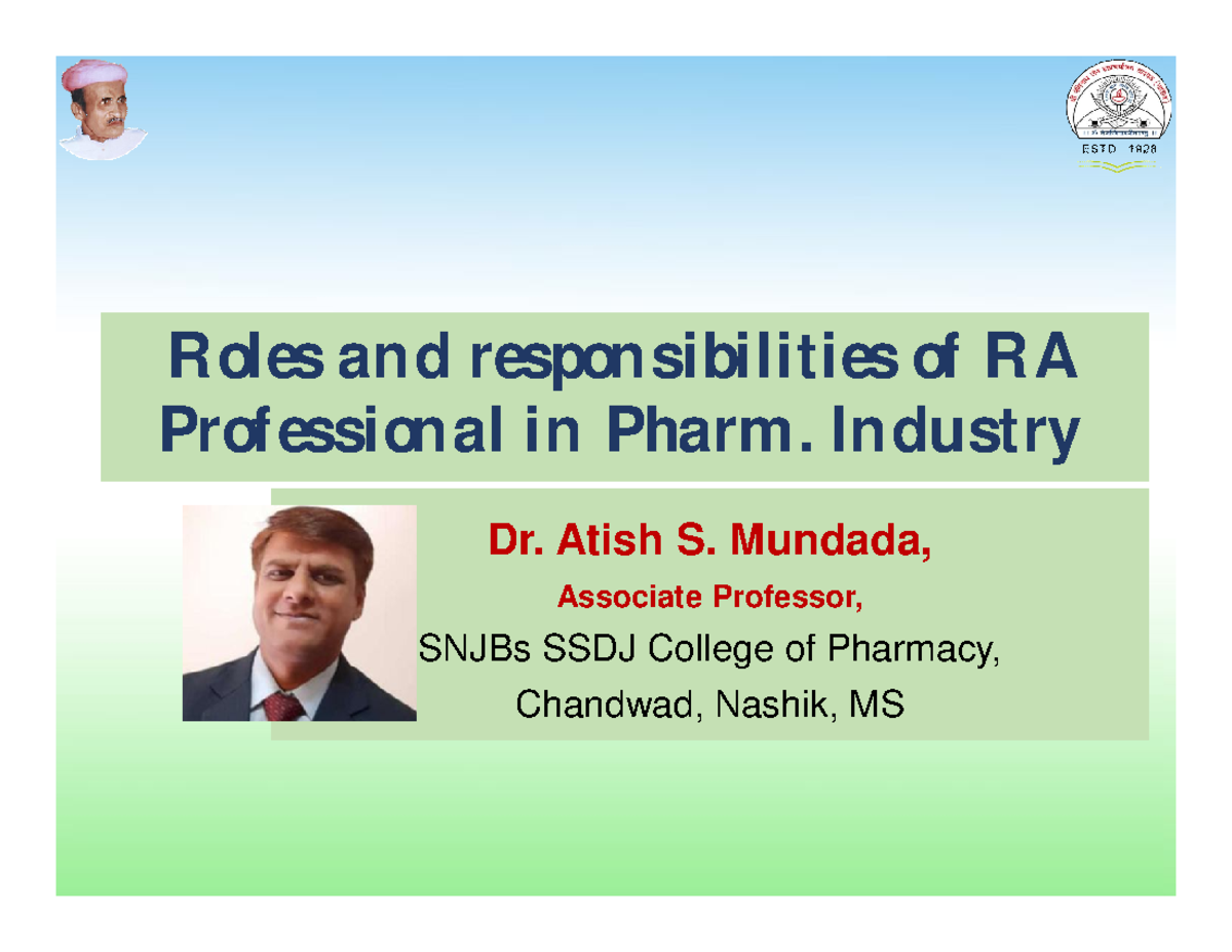 RA Professionals Responsibilioties in Pharm. Industry-Dr. ASM - Roles ...