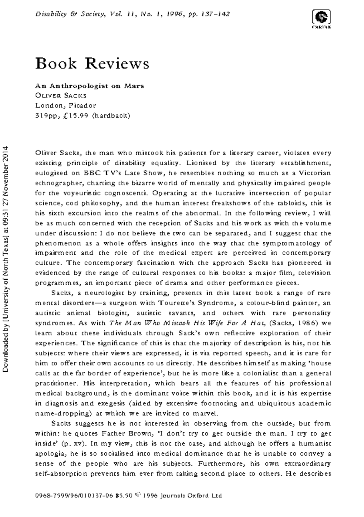 Tom Shakespeare (1996). Book Review of An Anthropologist on Mars ...