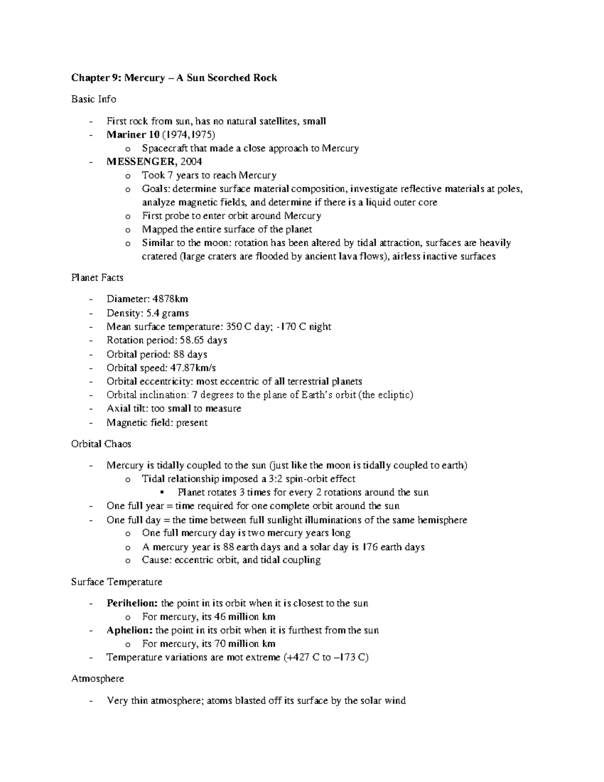 Earth SCI - Chapter 9 Notes - Chapter 9: Mercury – A Sun Scorched Rock ...