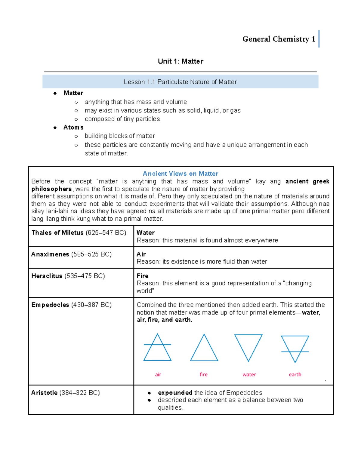 Chemistry - Chem1 - General Chemistry 1 Unit 1: Matter Lesson 1 ...