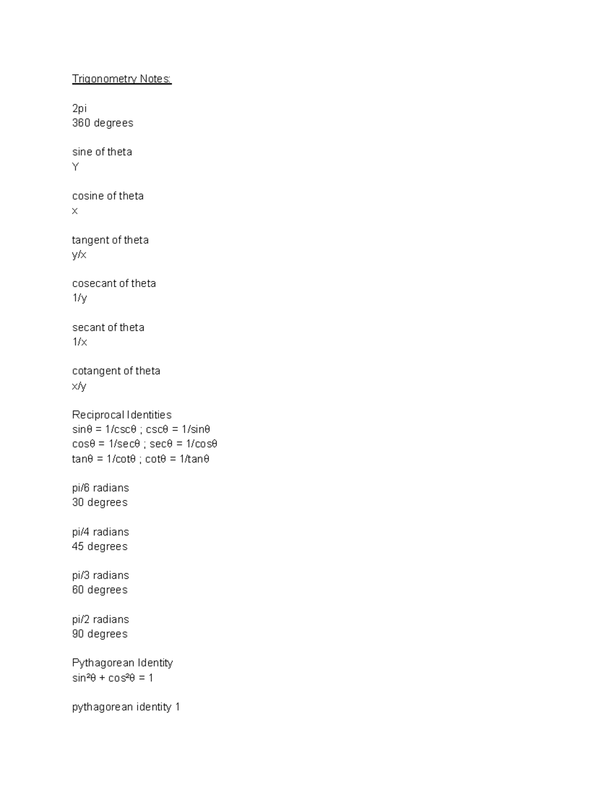 Trig Notes - Trigonometry Notes: 2pi 360 degrees sine of theta Y cosine ...