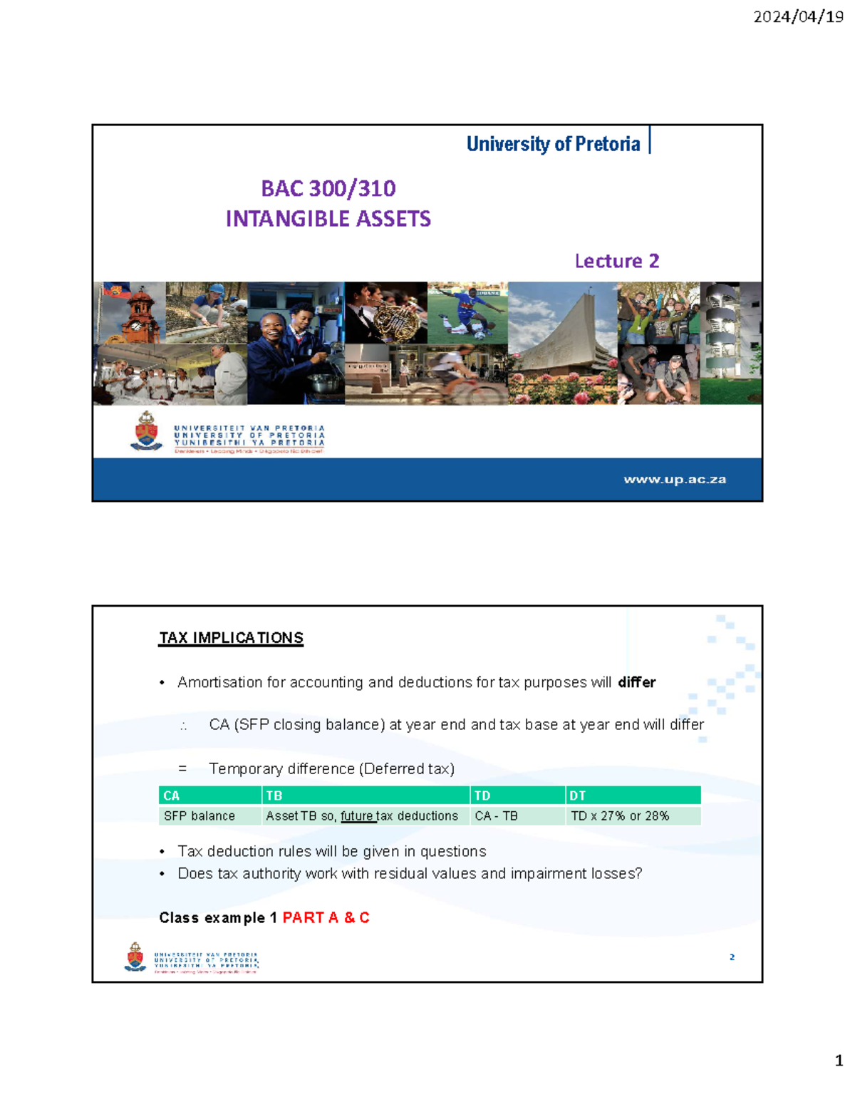 Intangible assets Lecture 2 2024 - 2024/04/ 1 University of Pretoria BAC 300/ INTANGIBLE ASSETS ...