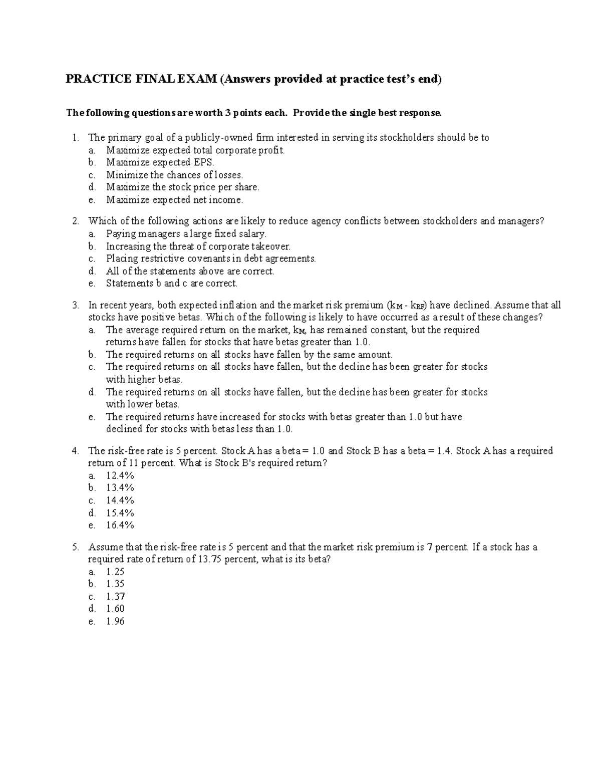 Practice Final Exam PRACTICE FINAL EXAM Answers Provided At Practice