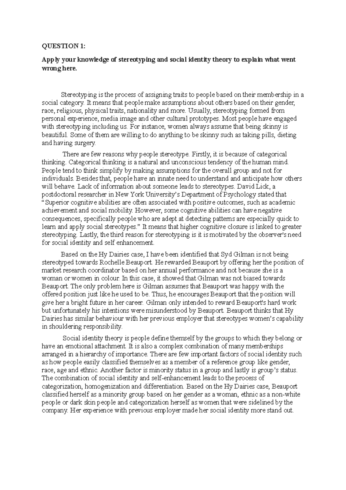 Case stdy 2 - QUESTION 1: Apply your knowledge of stereotyping and ...