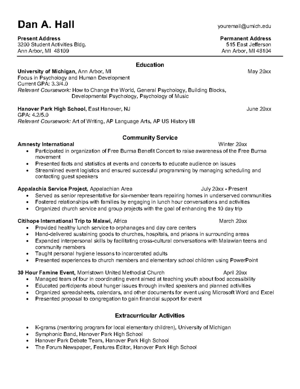 Danahall - resume - Dan A. Hall youremail@umich Present Address ...