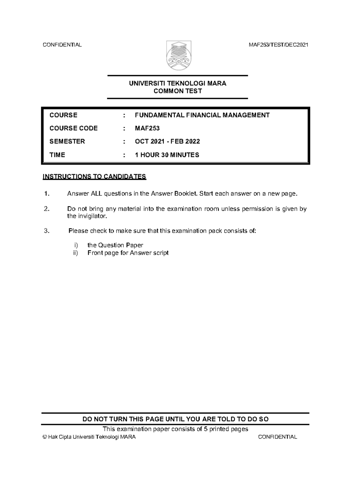 CT 2021 DEC Q - Exam paper - COURSE : FUNDAMENTAL FINANCIAL MANAGEMENT ...