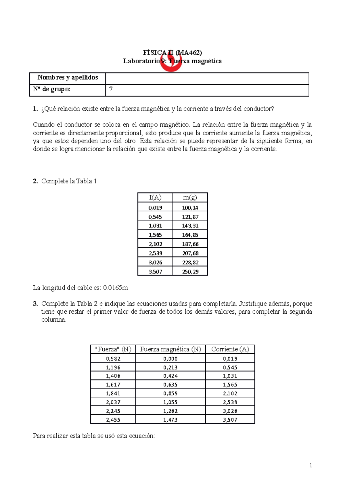 LAB 09 Grupo 7 - Laboratorio - FÍSICA II (MA462) Laboratorio 9: Fuerza ...