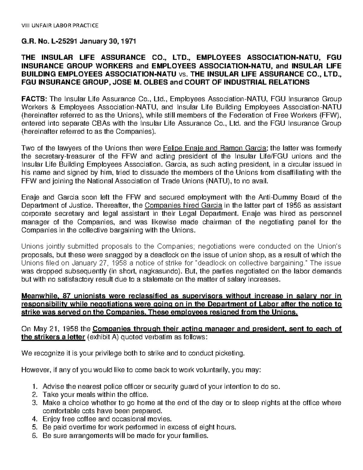 VIII Unfair Labor Practice 89 - 97 - G. No. L-25291 January 30, 1971 ...