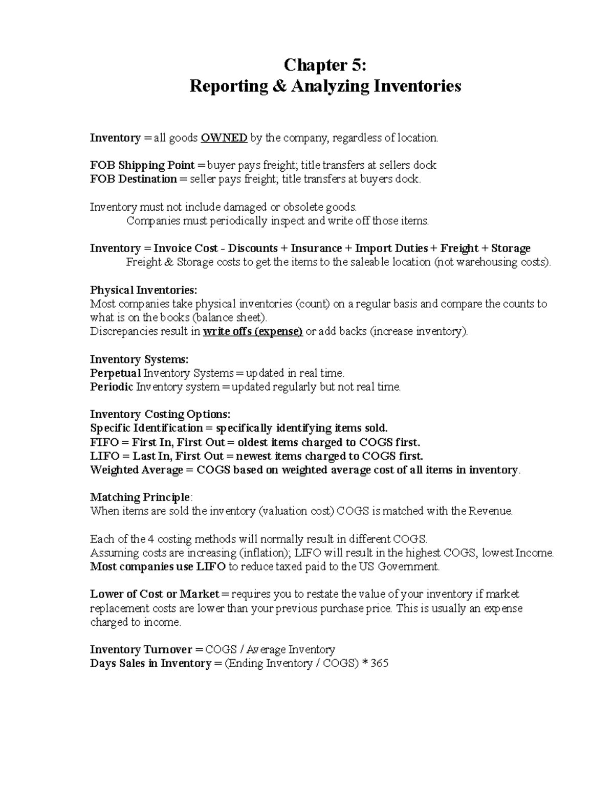 Chapter 5 Class Notes - Chapter 5: Reporting & Analyzing Inventories ...