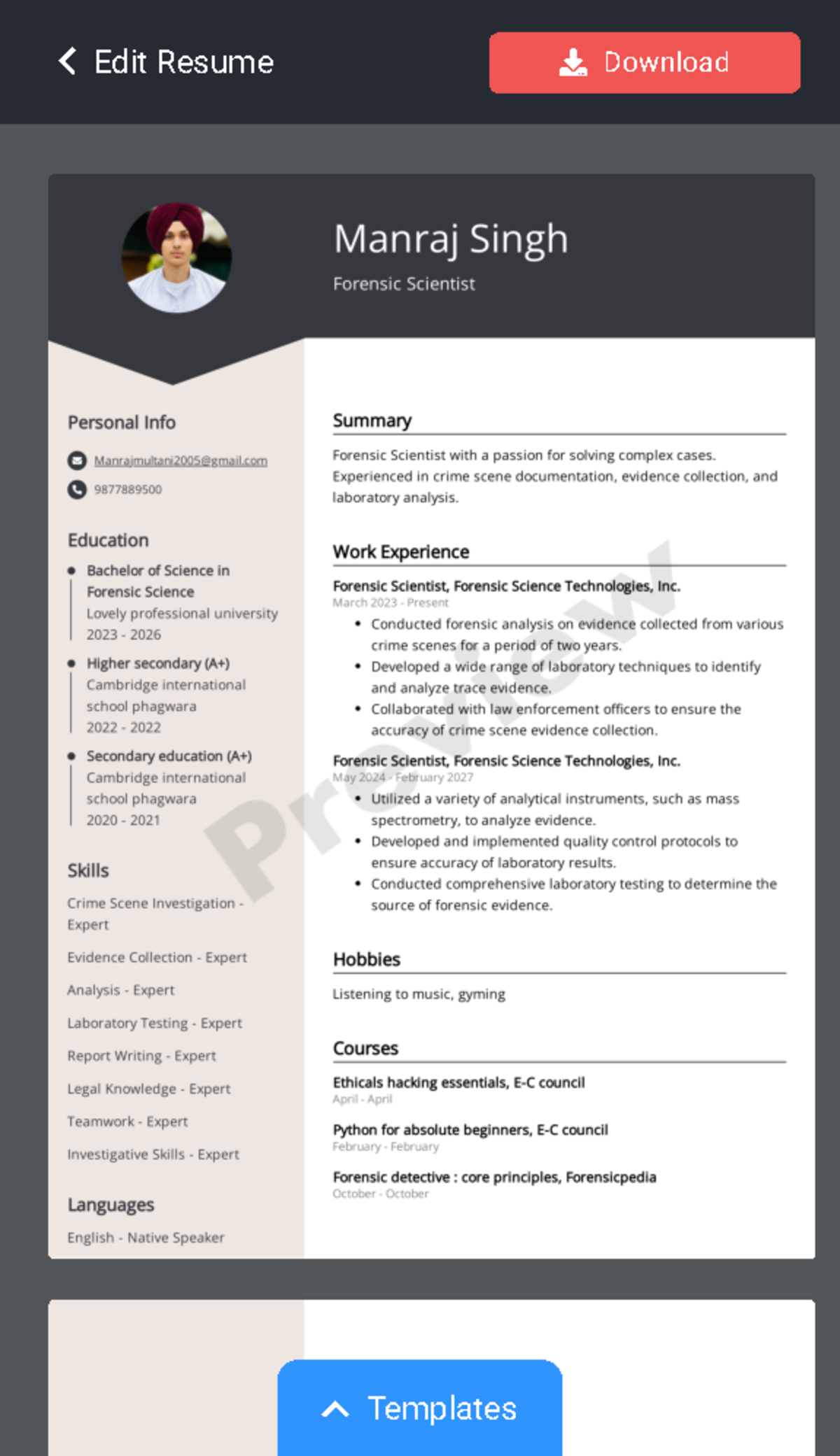 Resume Builder Resumaker - bsc.forensic science - Edit Resume Download ...
