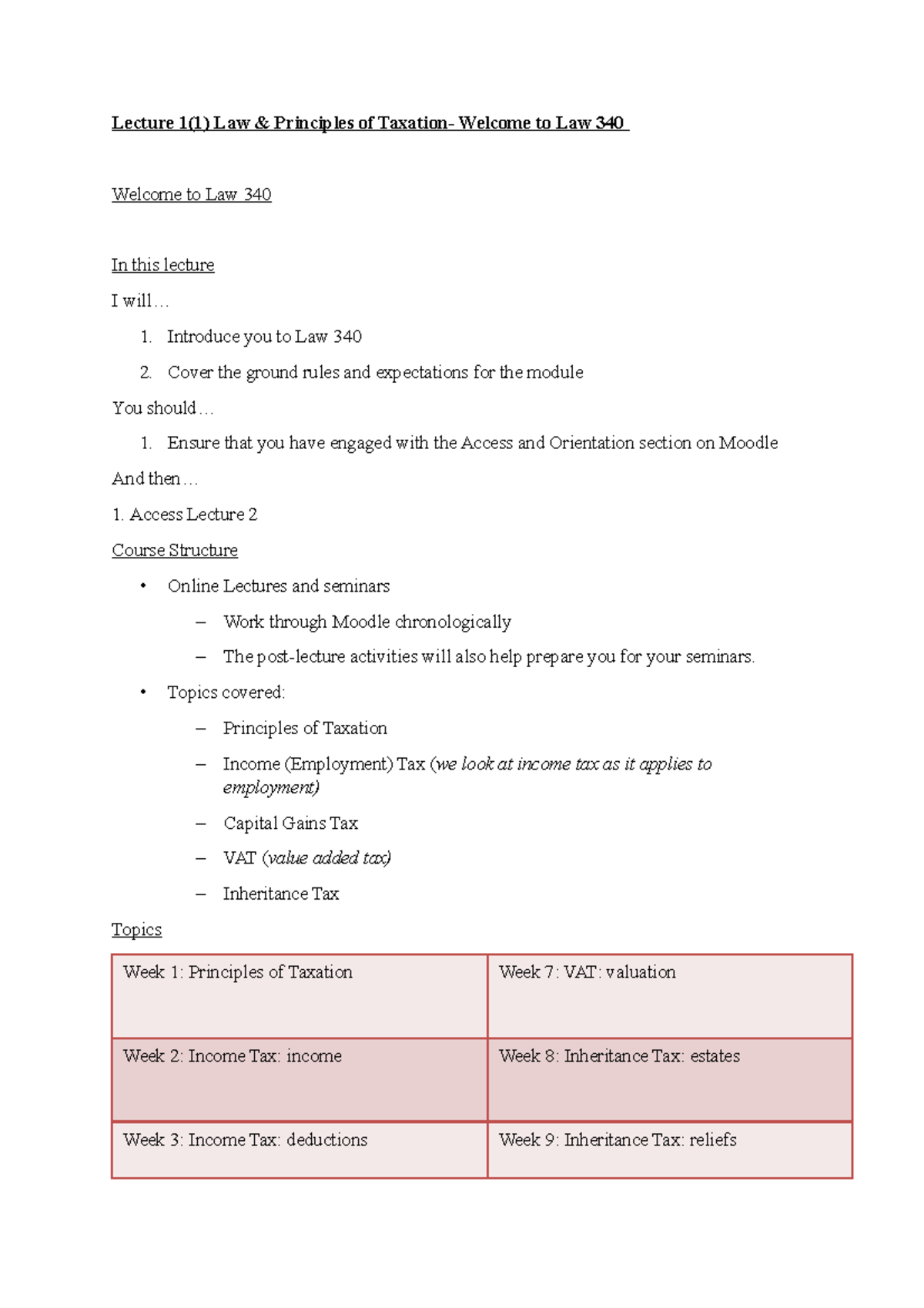 Lecture 1(1) notes - Lecture 1(1) Law & Principles of Taxation- Welcome ...