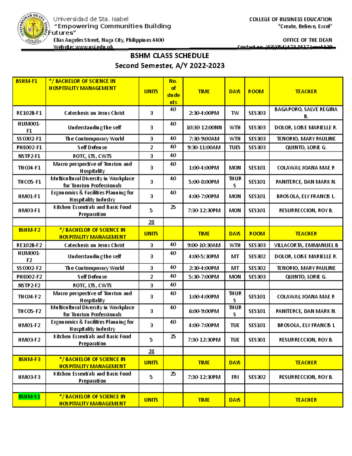2nd semester 2022 2023 Schedule final - BSHM CLASS SCHEDULE Second Semester, A/Y 2022- BSHM-F1 ...