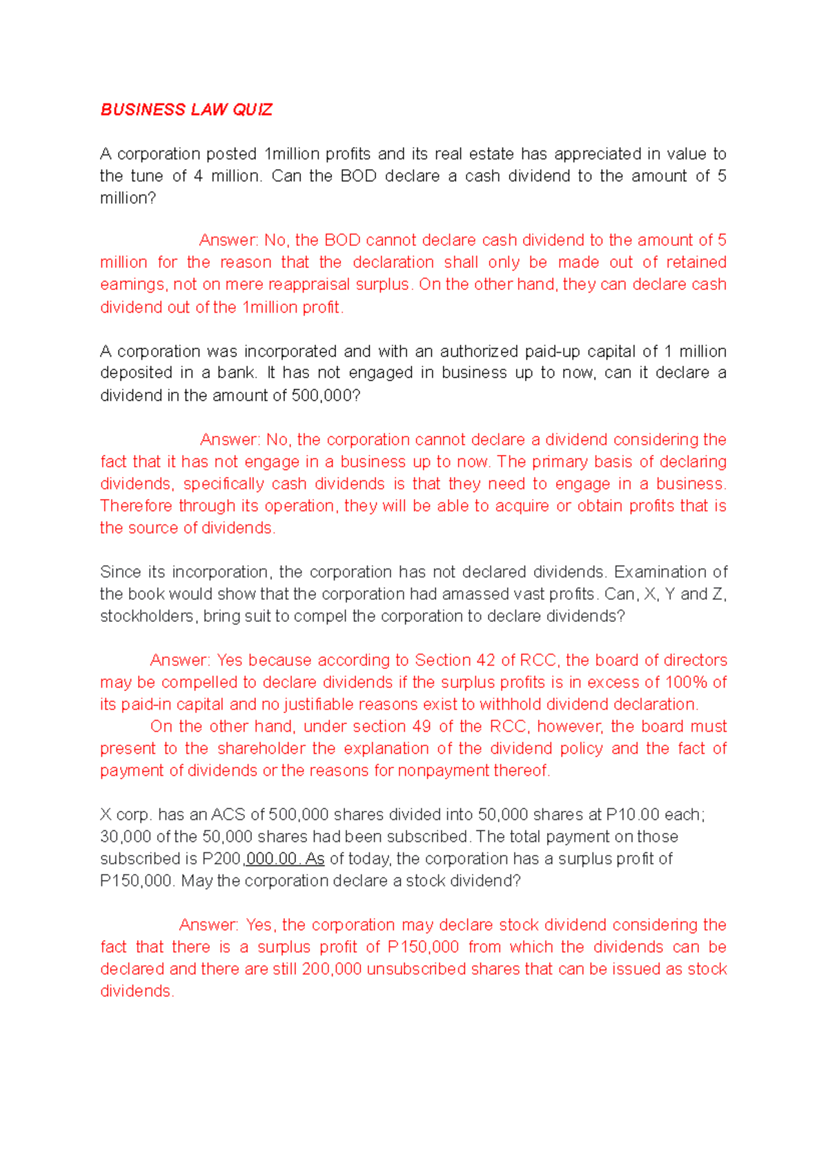 Business Law Quiz - NONE - BUSINESS LAW QUIZ A corporation posted ...