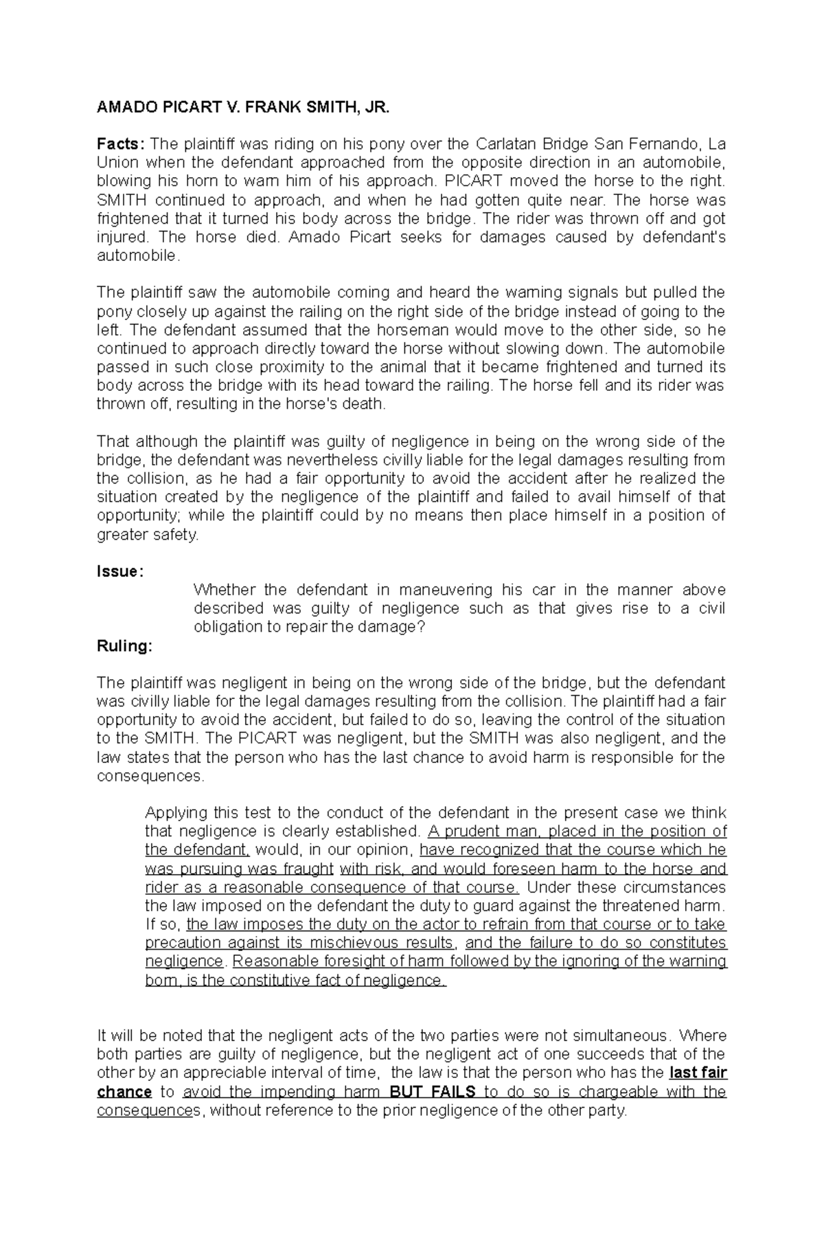 Transpo cases week 4 - DIGEST - AMADO PICART V. FRANK SMITH, JR. Facts ...