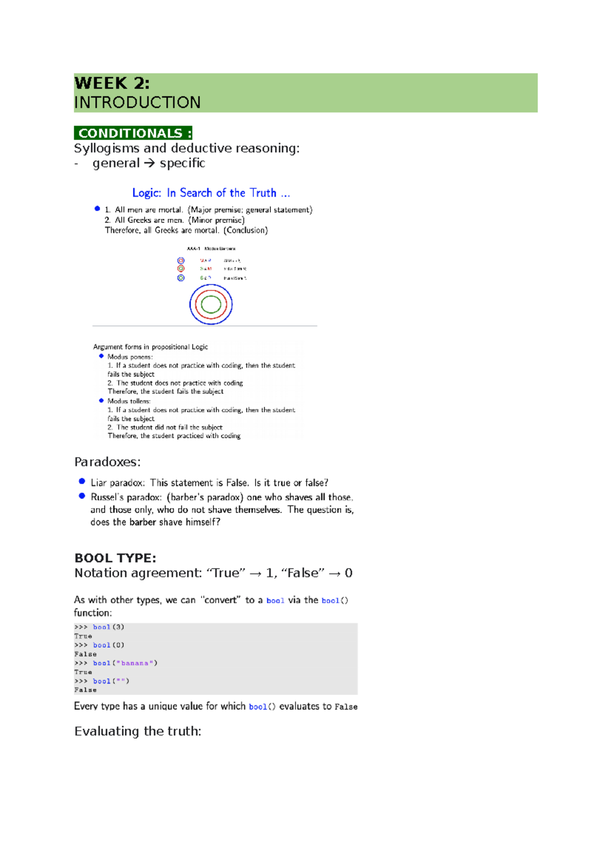 Foundations of computing w2 - WEEK 2: INTRODUCTION CONDITIONALS : Syllogisms and deductive - Studocu