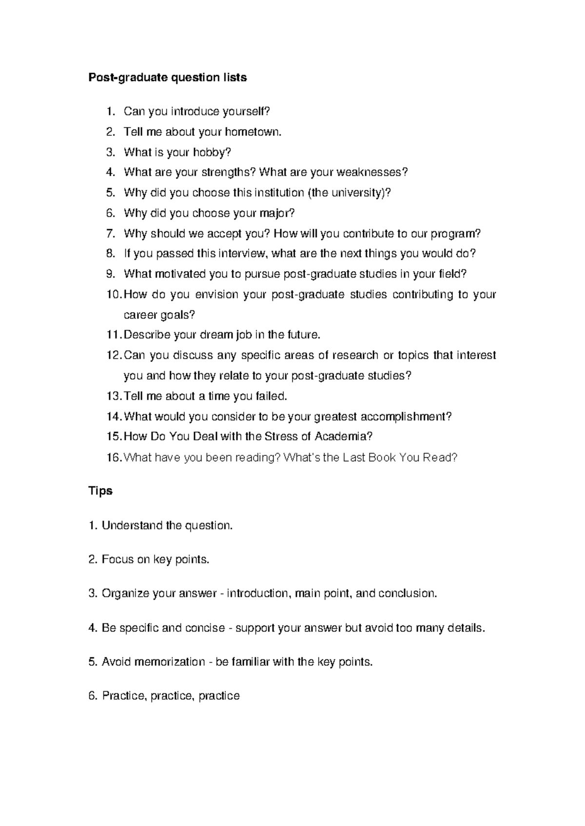 Post graduate question lists - Can you introduce yourself? 2. Tell me ...