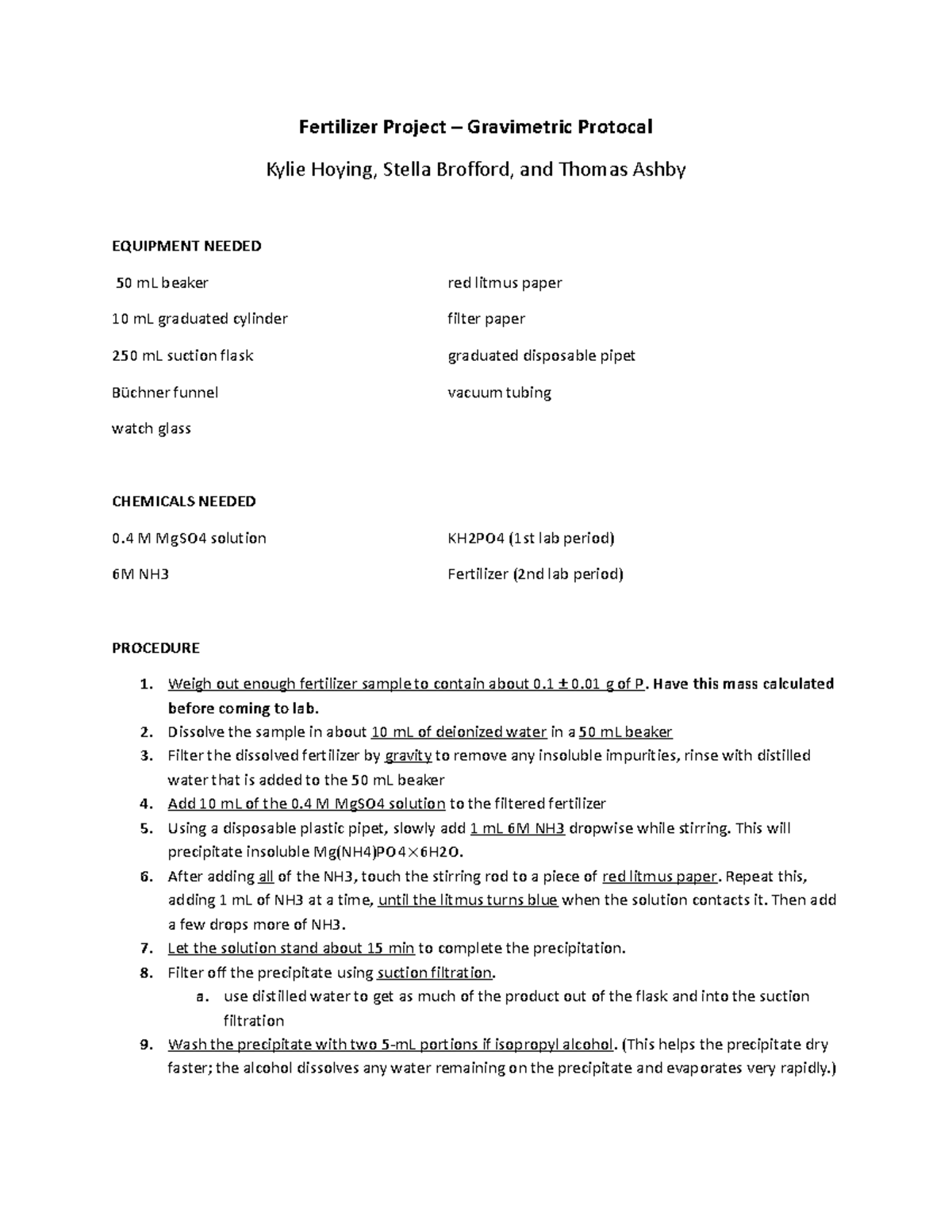 Fertilizer Project - Have this mass calculated before coming to lab ...