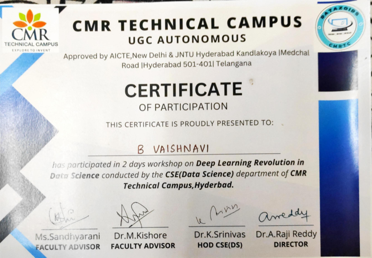 Work shop - DATAZ CMR TECHNICAL CAMPUS CMR o TECHNICAL CAMPUS UGC AUTONOMOUS EXPLORE TO INVENT ...
