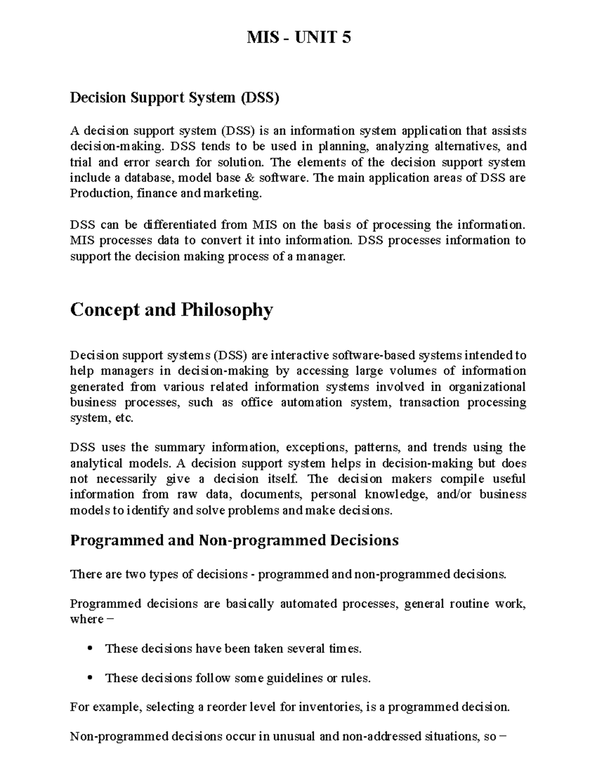 MIS Notes Unit 5 - ict - MIS - UNIT 5 Decision Support System (DSS) A ...