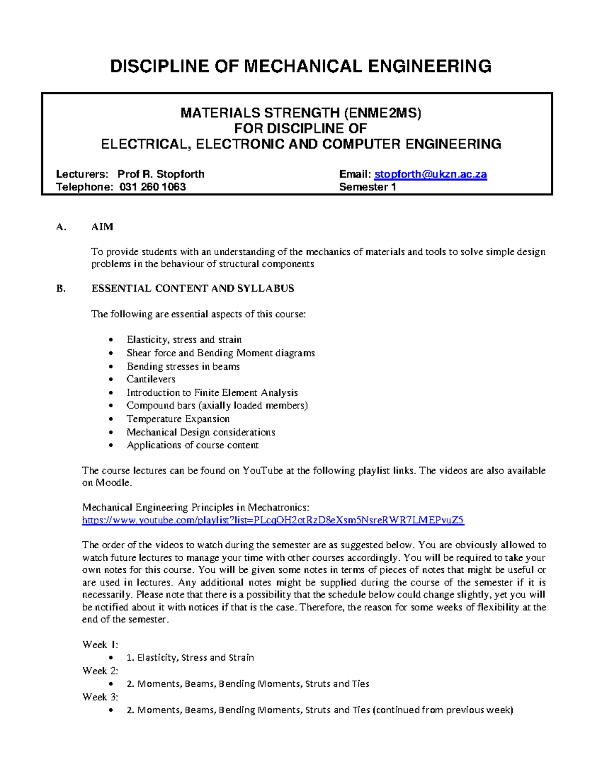 Course Outline - good notes - DISCIPLINE OF MECHANICAL ENGINEERING ...