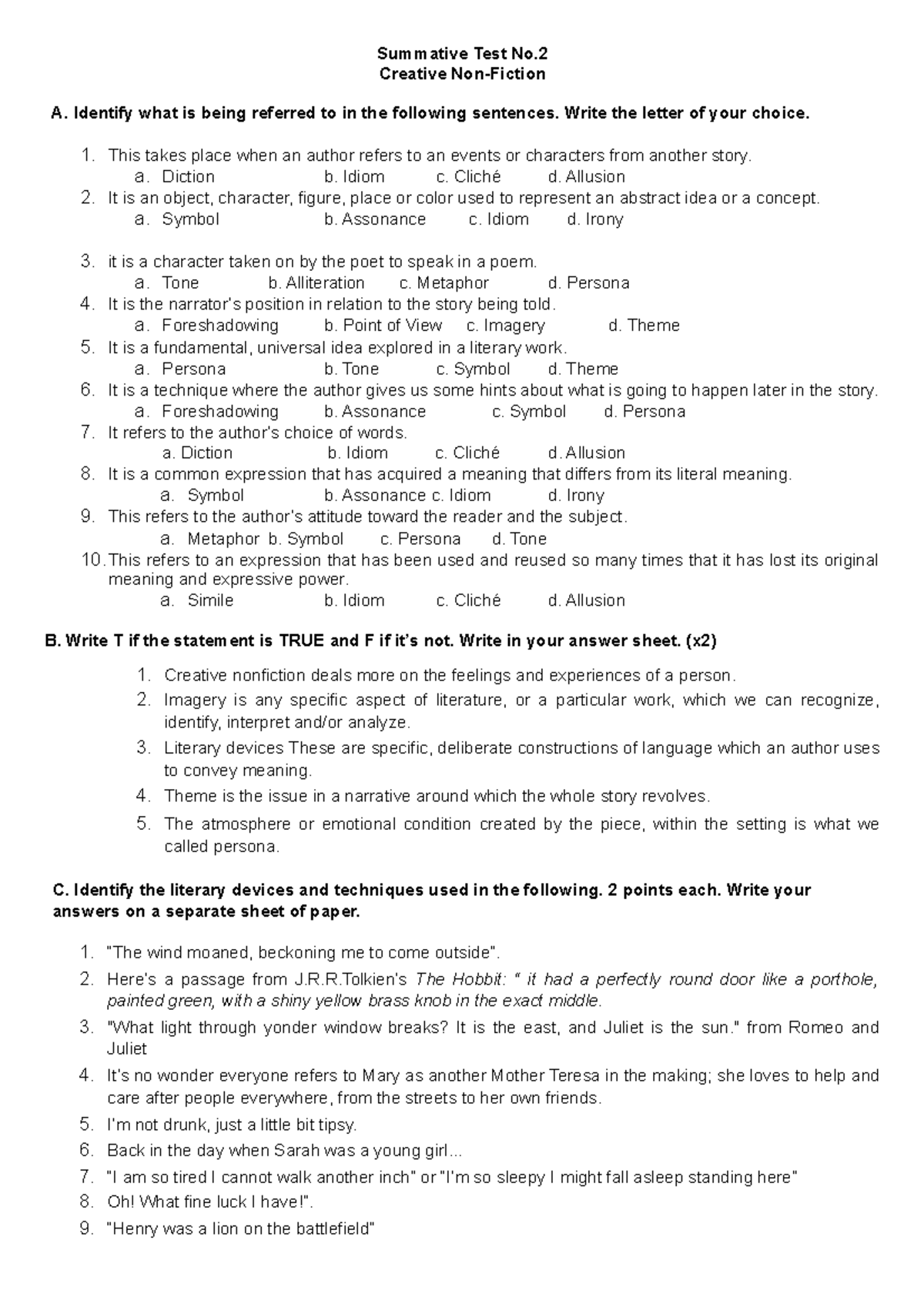 2 - CNF - Summative Test No. Creative Non-Fiction A. Identify what is ...