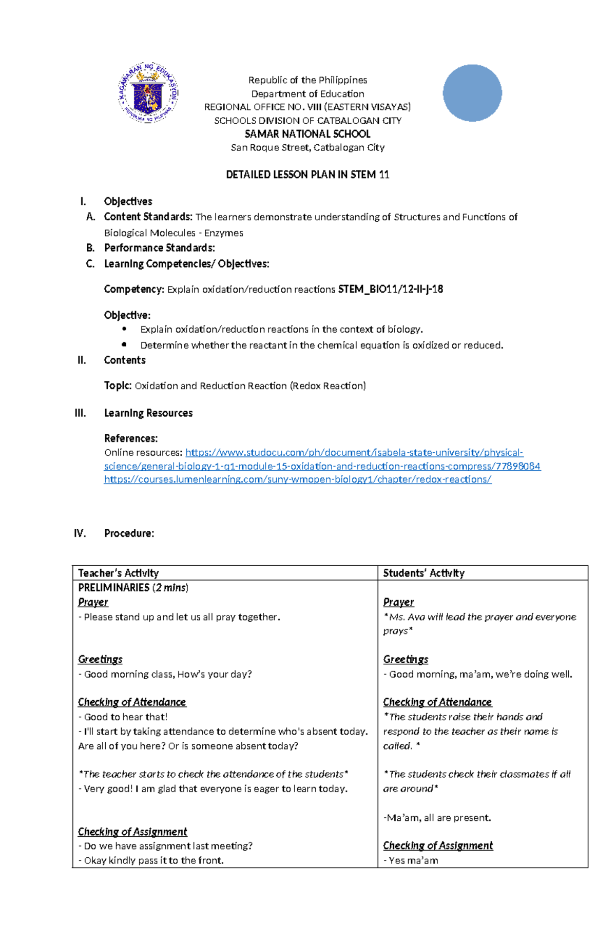 LP 5 Redox Reaction - Republic of the Philippines Department of ...