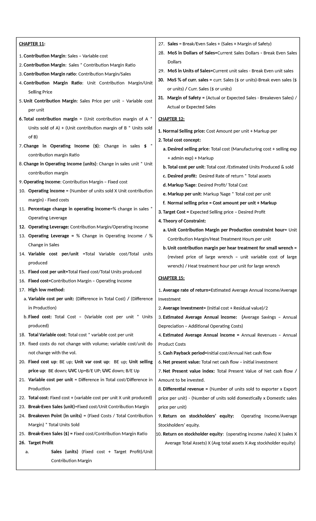 Formulae sheet - CHAPTER 11: Contribution Margin: Sales – Variable cost ...