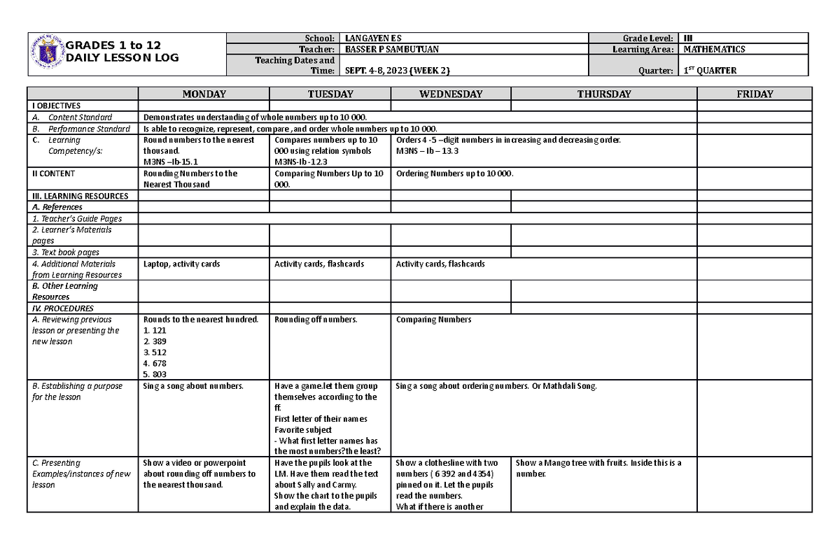 DLL Mathematics 3 Q1 W2 - DLL Math 3 Quarter 1 - GRADES 1 to 12 DAILY LESSON LOG School ...