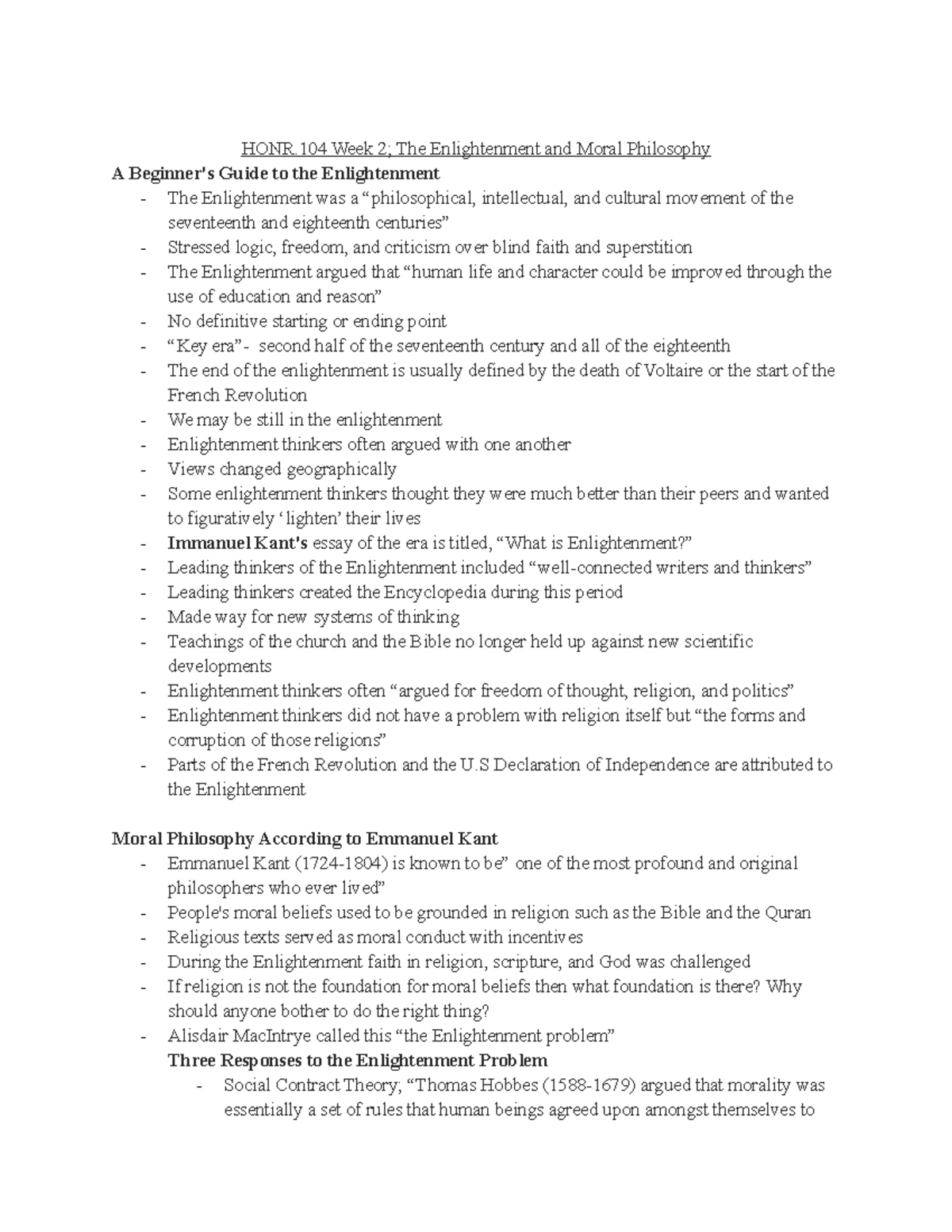 HONR.104 Week 2; The Enlightenment and Moral Philosophy - HONR Week 2 ...