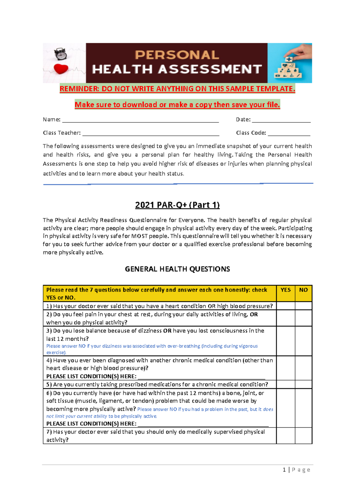 Personal Health Assessment - REMINDER: DO NOT WRITE ANYTHING ON THIS ...