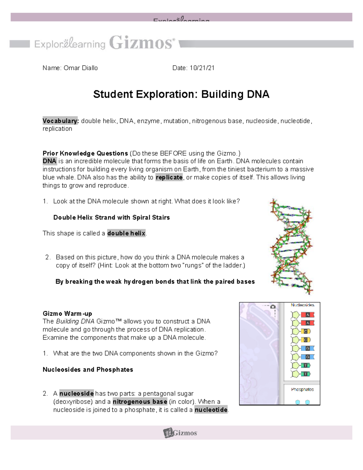 Building DNA Gizmo - Name: Omar Diallo Date: Student Exploration ...