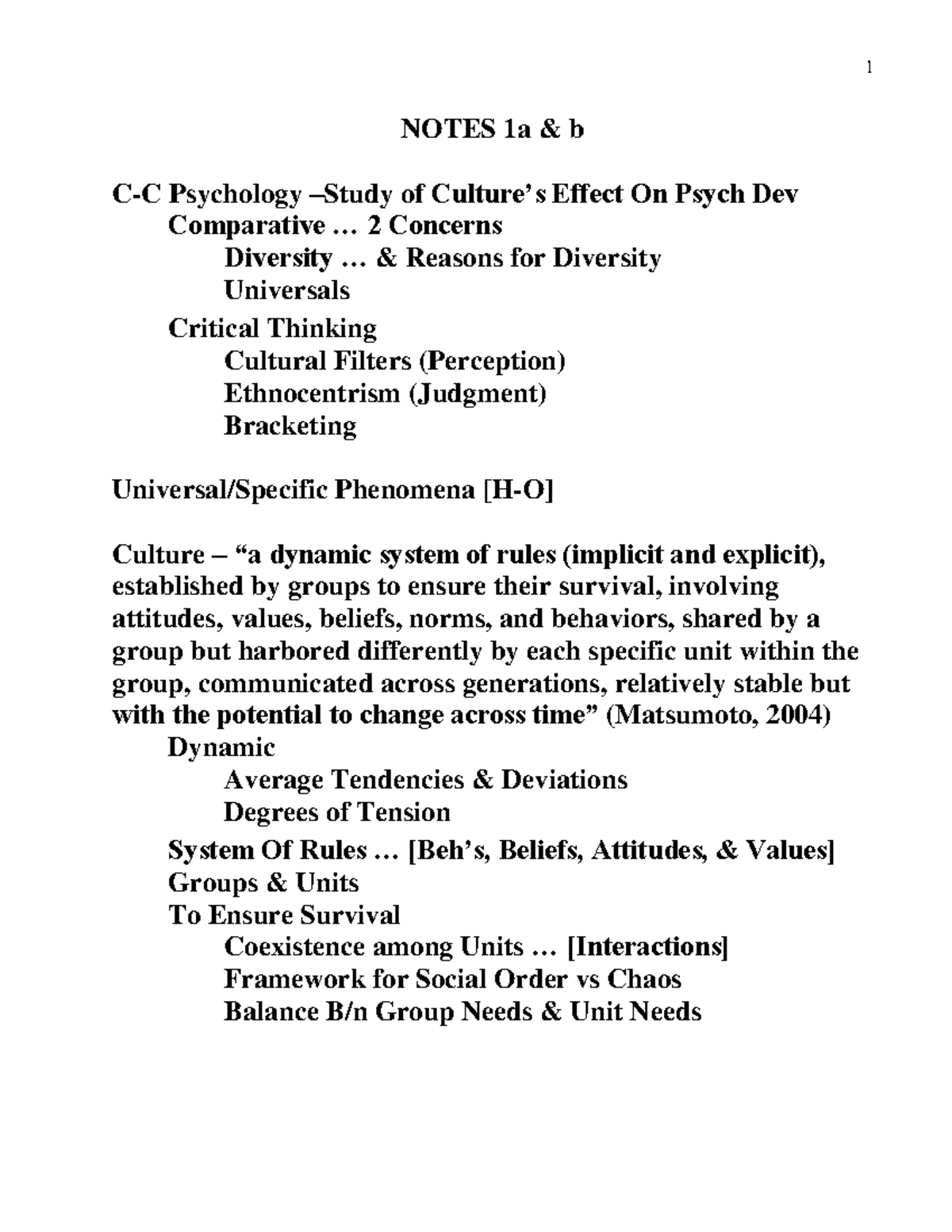 CC Notes 1a&b Intro - 1 NOTES 1a & b C-C Psychology – Study of Culture ...