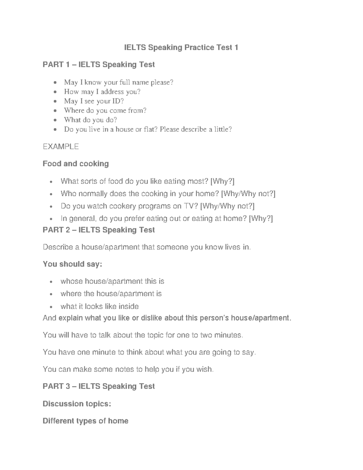 Speaking test 1 - IELTS Speaking Practice Test 1 PART 1 – IELTS ...