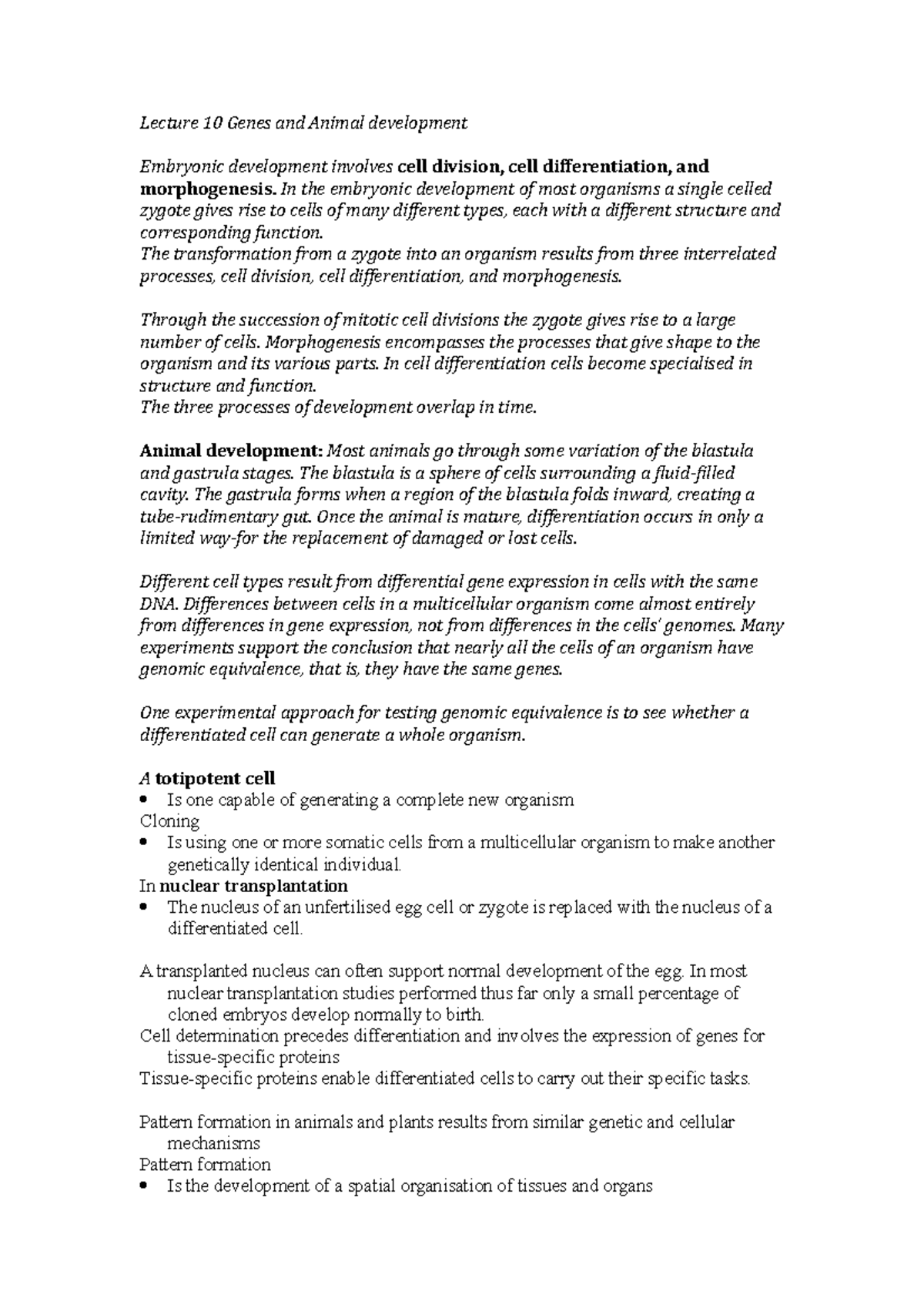 Lecture 10 Genes and Animal development - Lecture 10 Genes and Animal ...