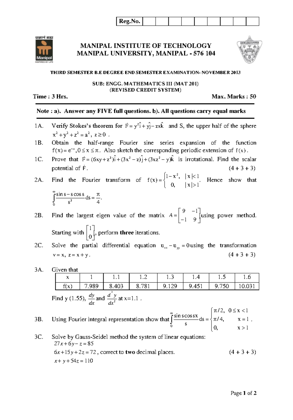 Engineering Mathematics III (MAT 201) RCS - Page 1 of 2 MANIPAL ...
