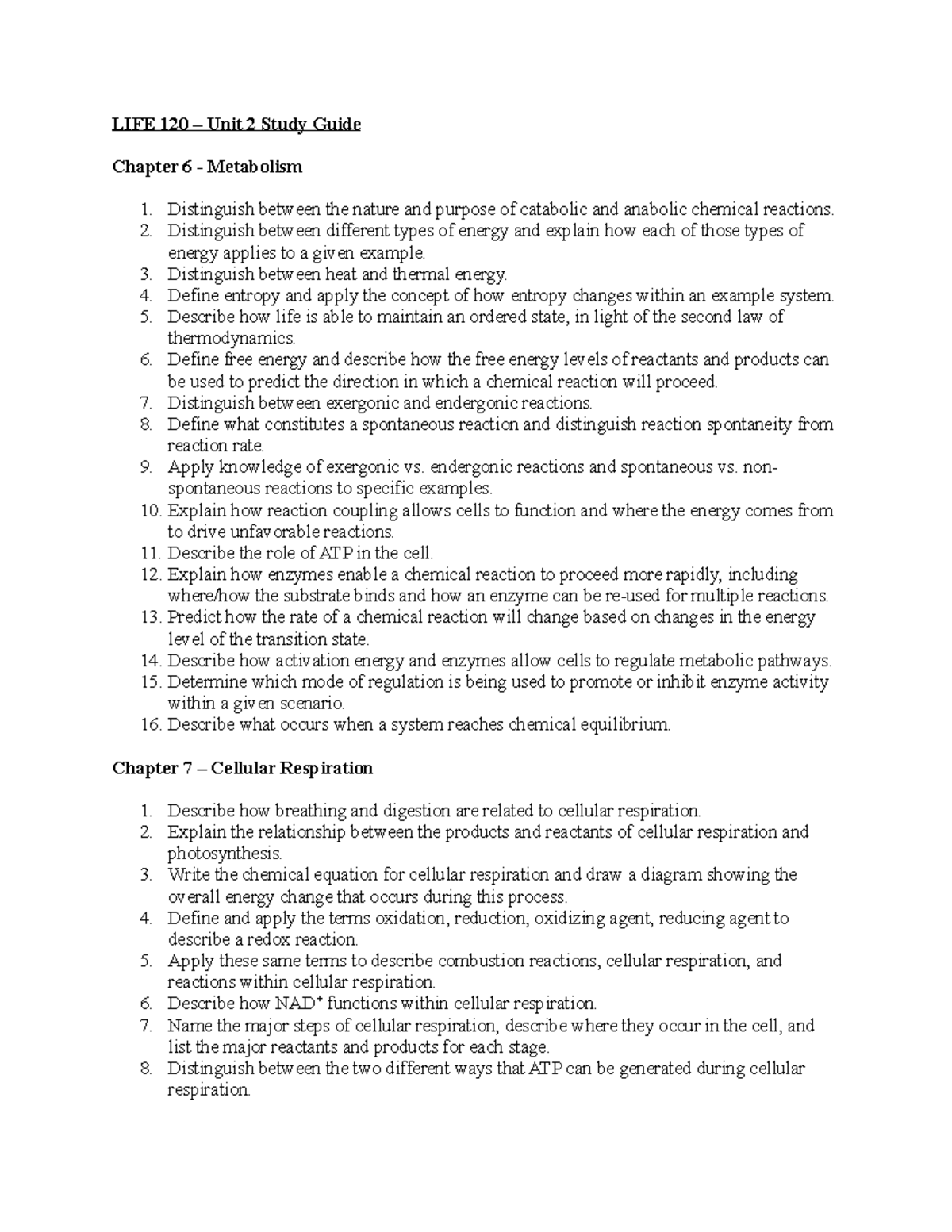 LIFE 120 Unit 2 Study Guide: Metabolism Cellular Respiration ...