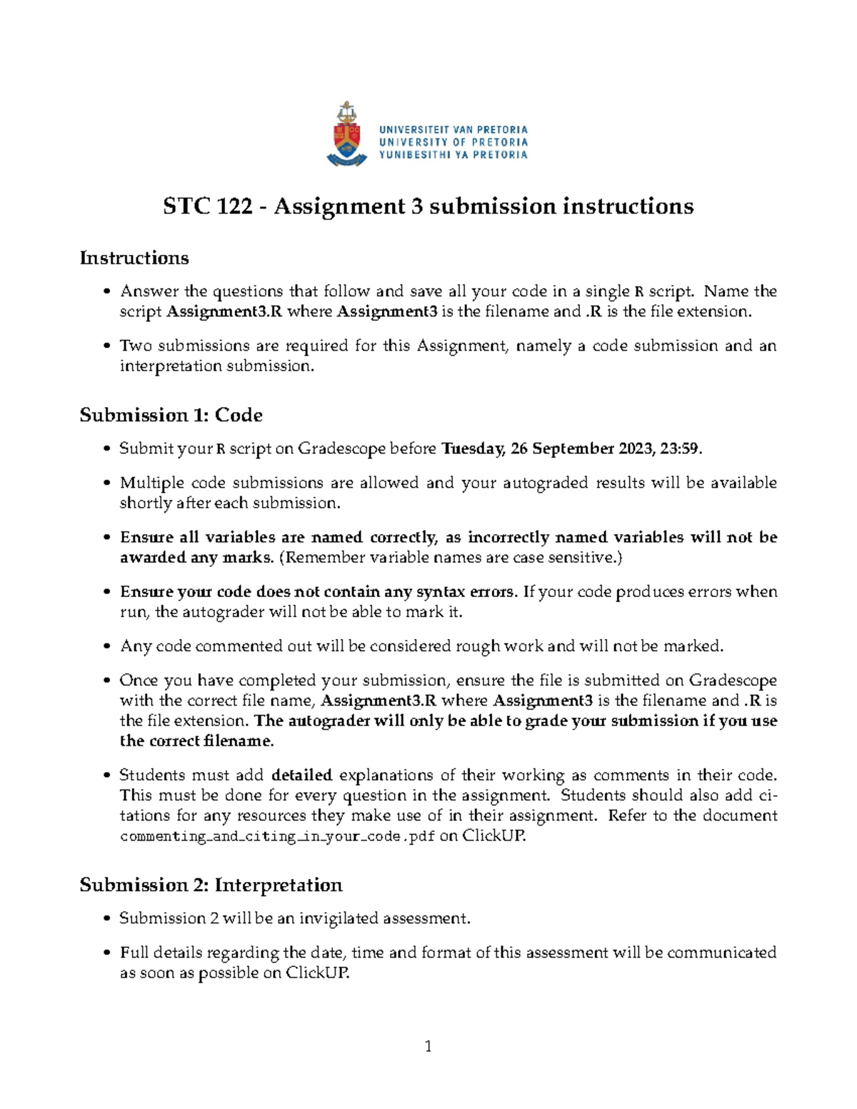STC 122 - Assignment 3 - Submission Instructions - 2023 - STC 122 ...