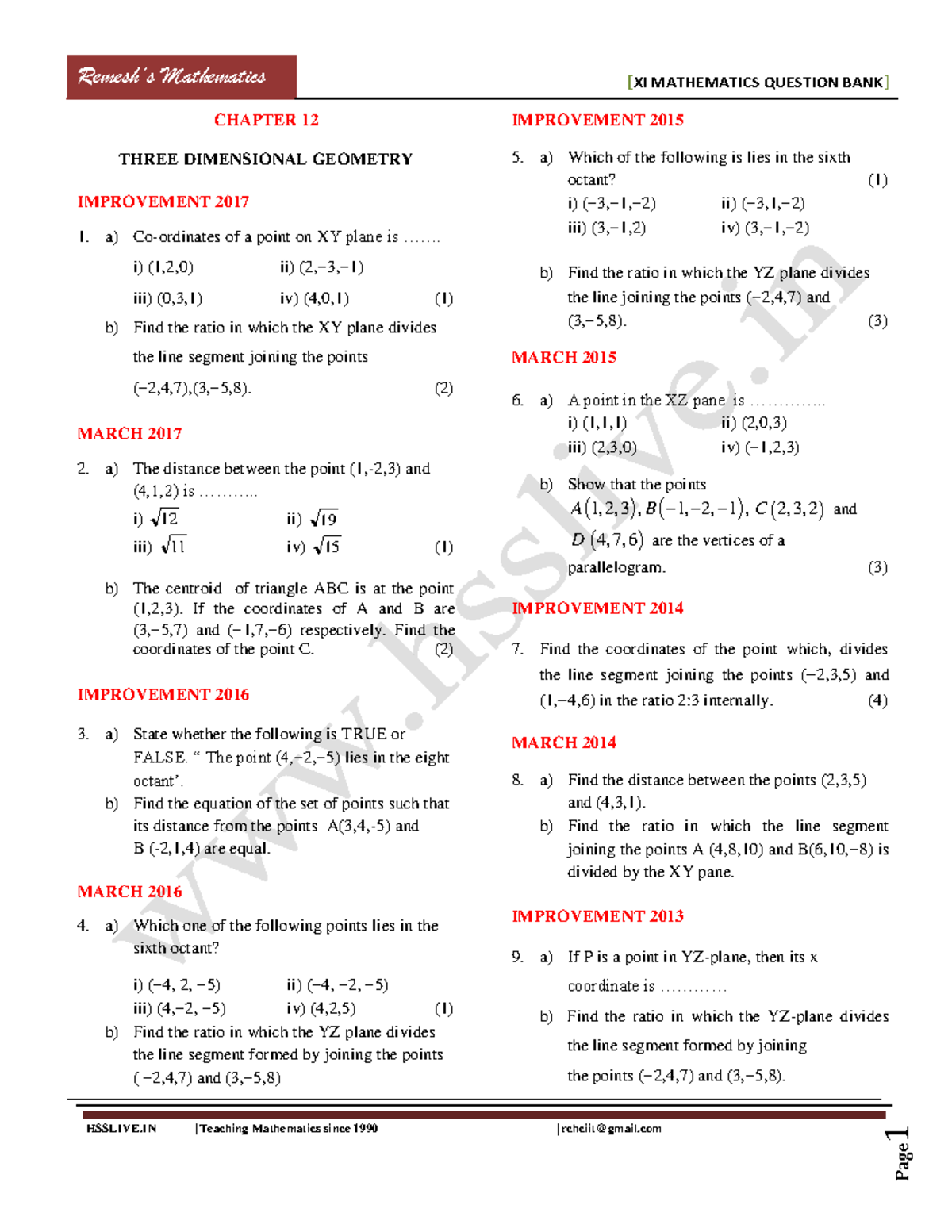 Three Dimensional Geometry - Remesh’s Mathematics [XI MATHEMATICS ...