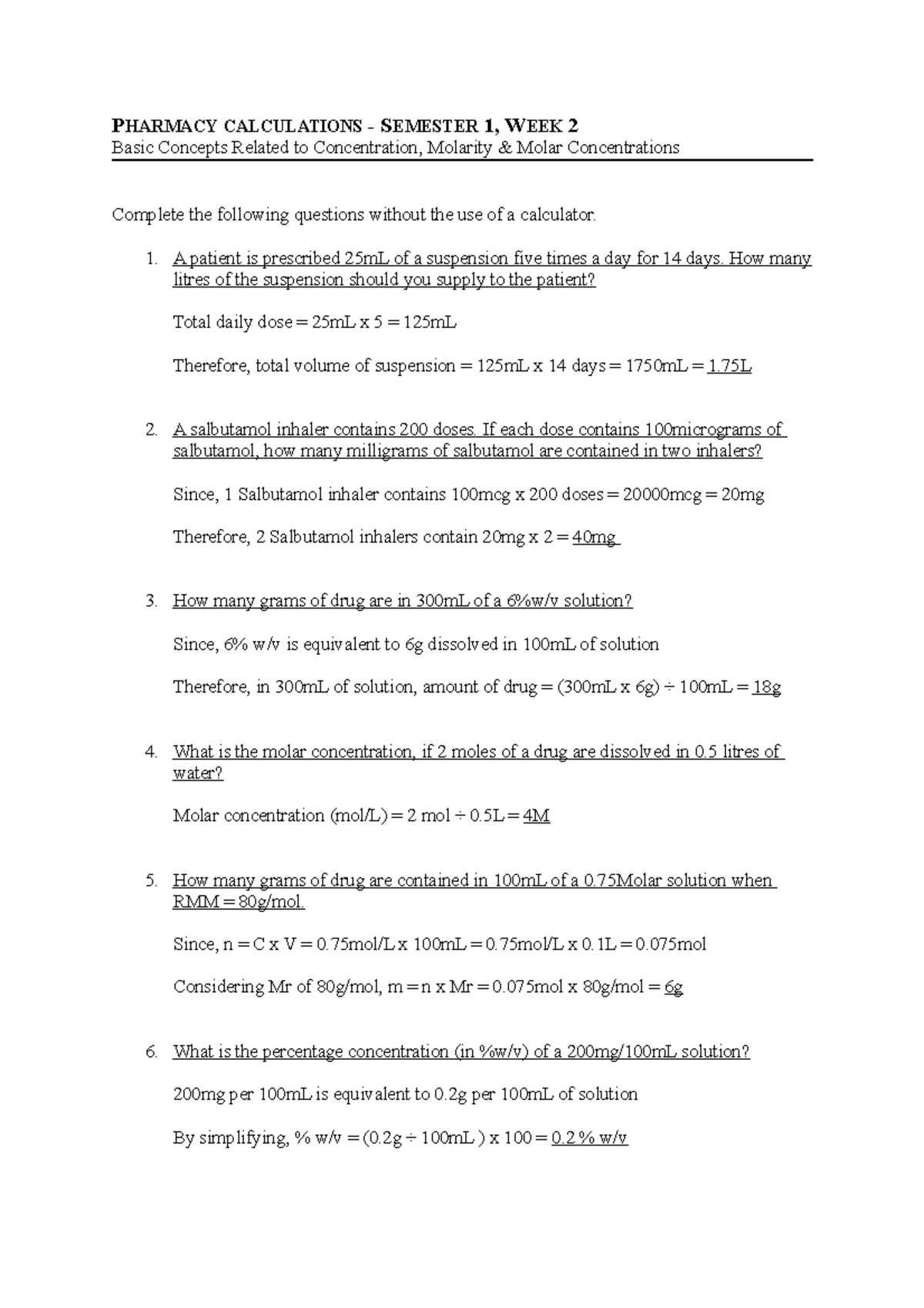 Quiz Pharmacy Calculation PHARMACY CALCULATIONS SEMESTER 1 WEEK