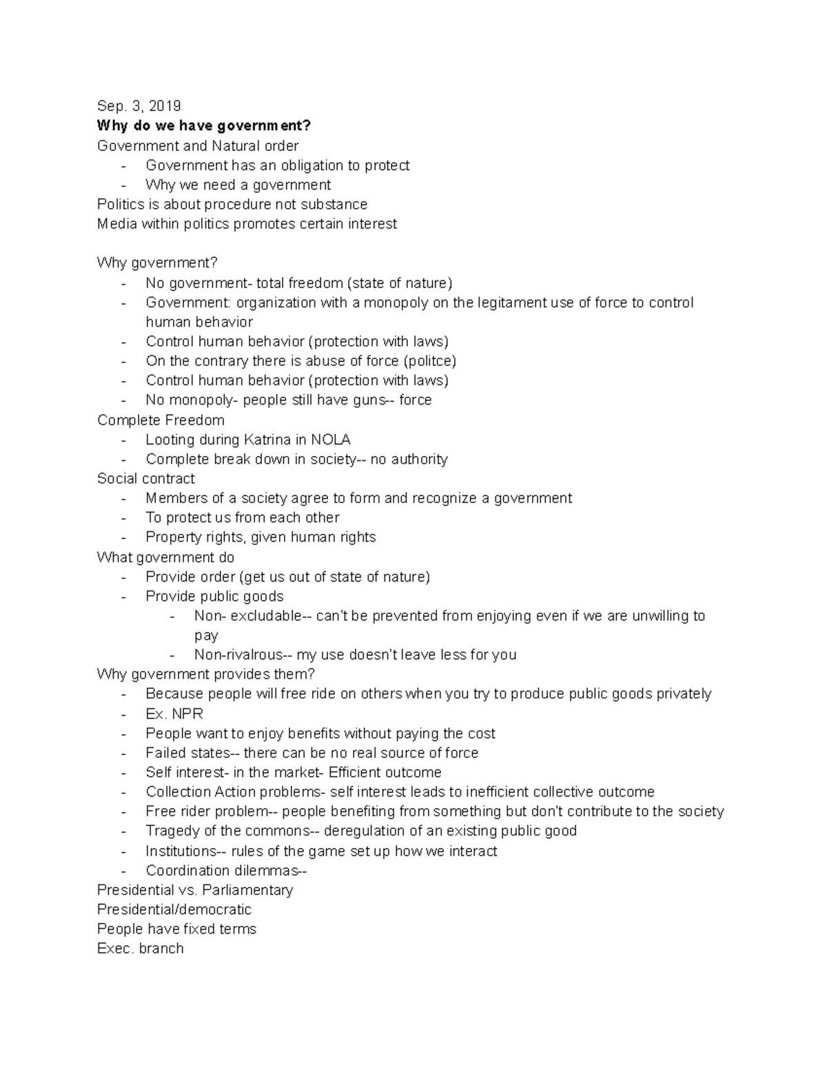 Political Science FA19 Notes - Sep. 3, 2019 Why do we have government ...